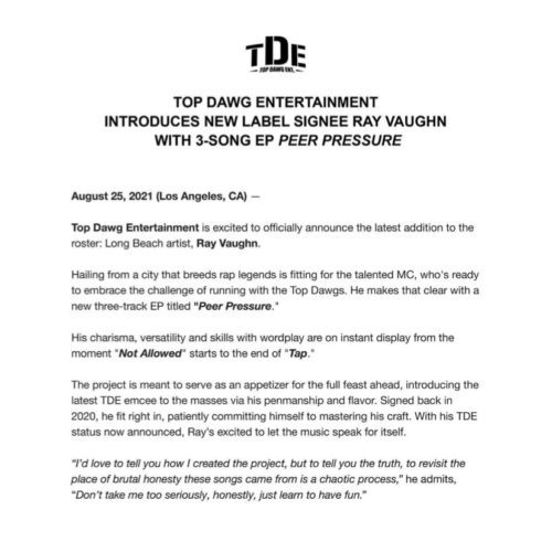 Long Beach Rapper Ray Vaughn Is Newest Signee To TDE With New EP "Peer ...